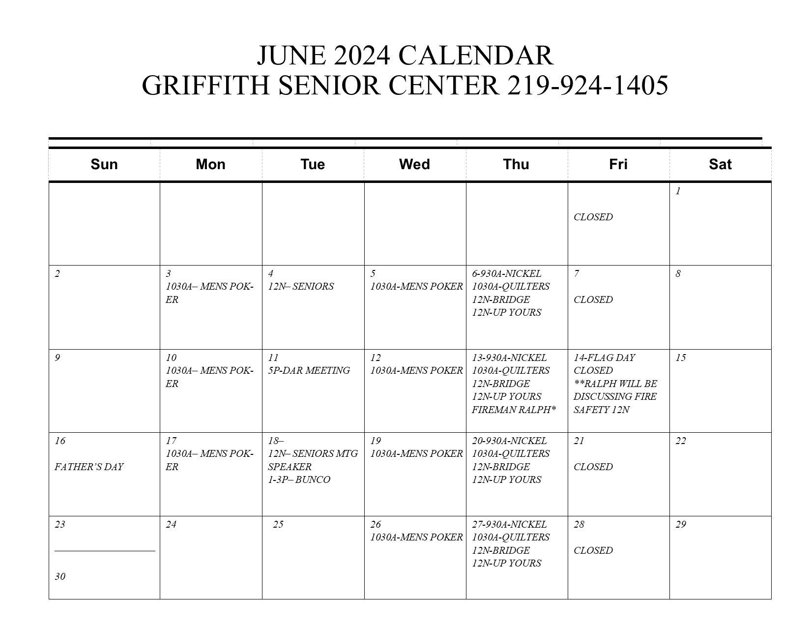 Senior Center | Town of Griffith Indiana